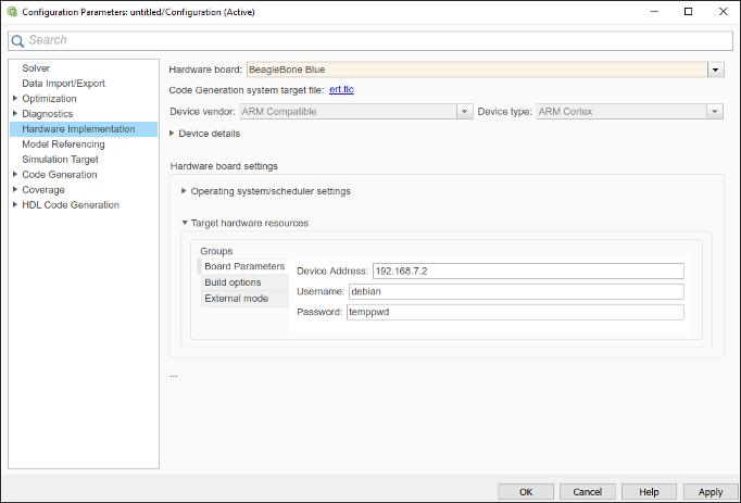 Model Configuration Parameters for BeagleBone Blue Hardware - MATLAB & Simulink